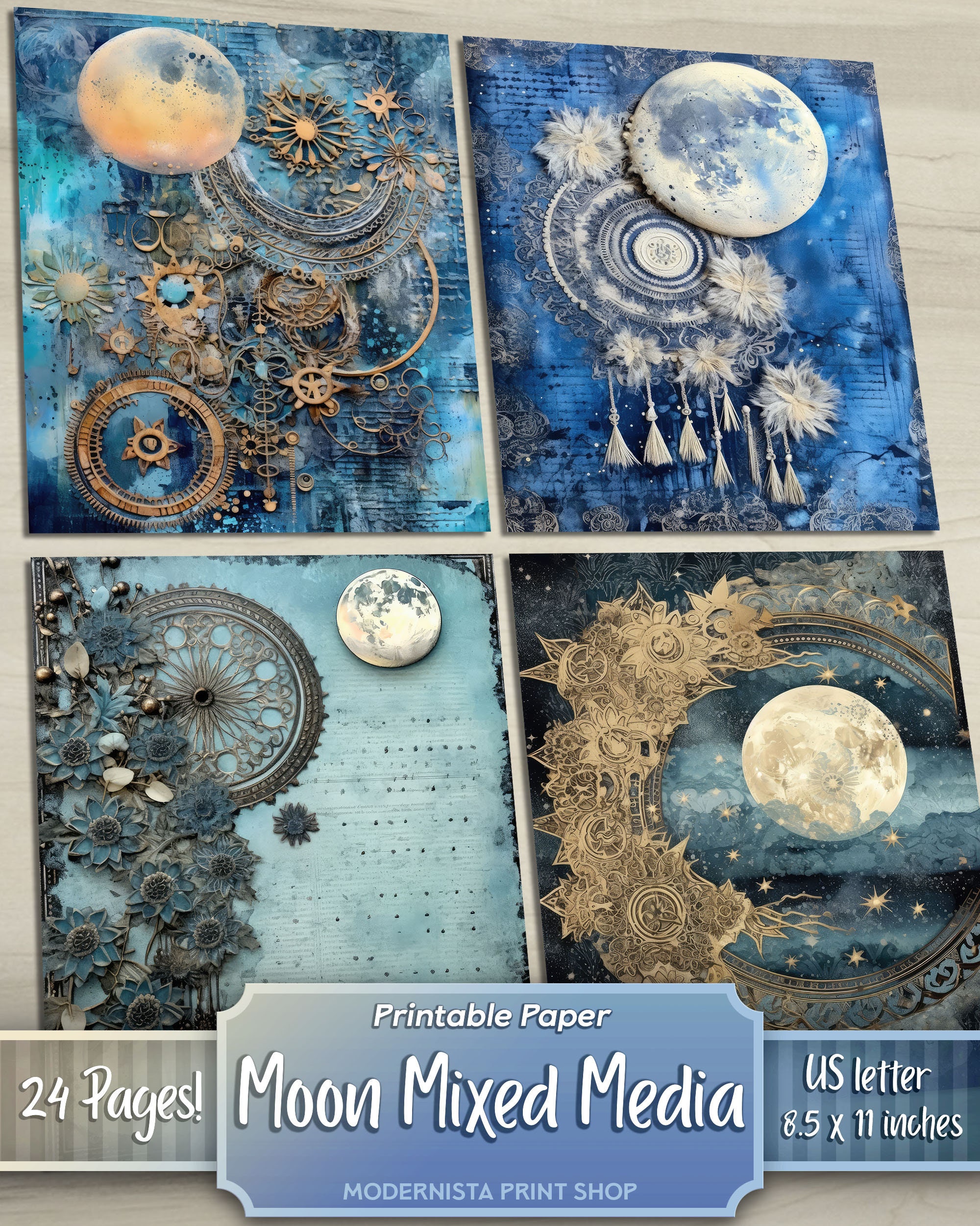 Mixed Media Moon Junk Journal Kit, Digital Papers, Moon Printable ...