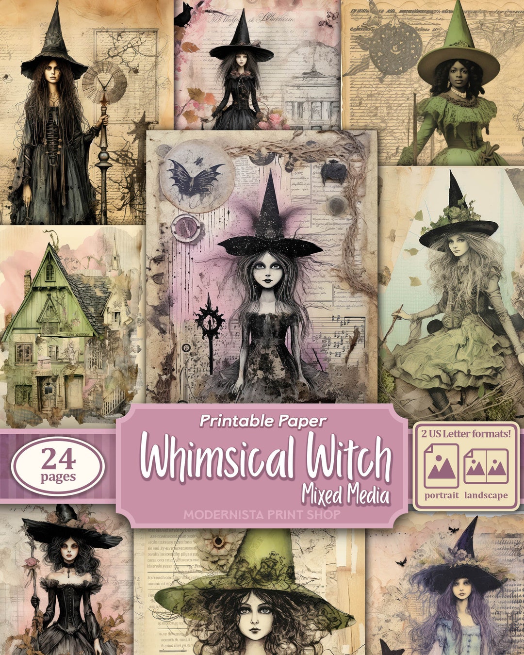 Whimsical Witch Mixed Media Junk Journal Kit, Digital Papers, Purple ...