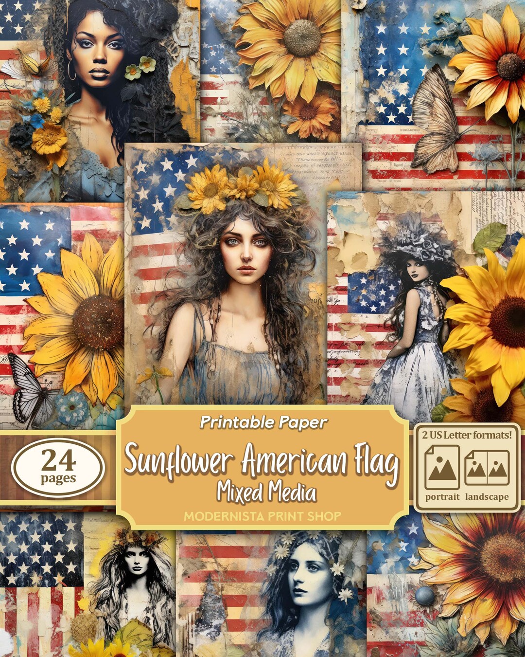 Sunflower Flag Mixed Media Junk Journal Kit, Digital Papers, Floral ...