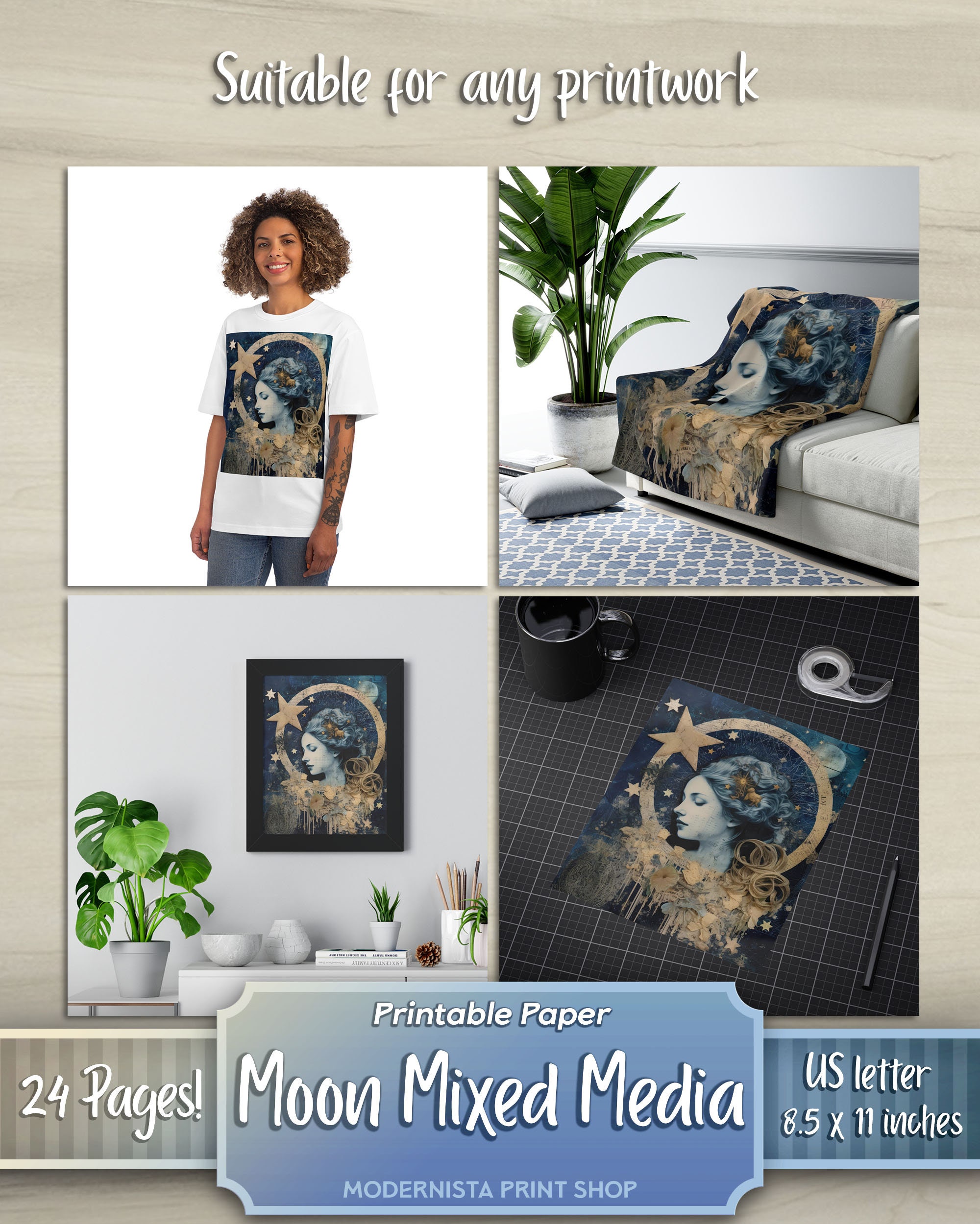 Mixed Media Moon Junk Journal Kit, Digital Papers, Moon Printable ...