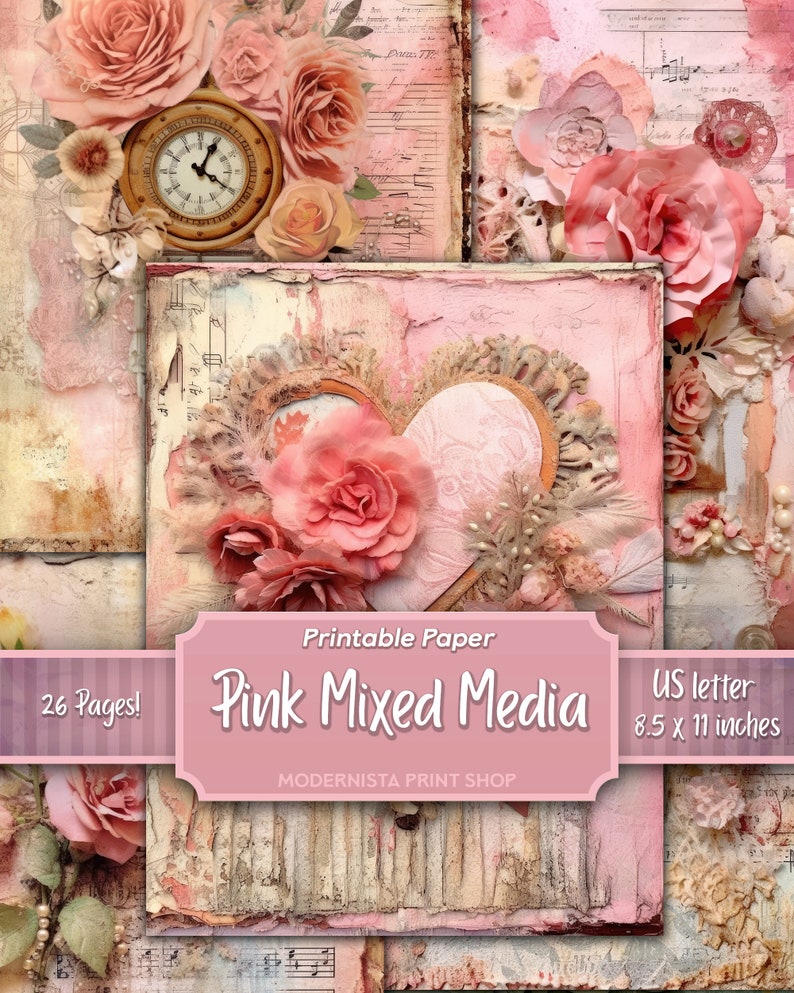 Pink Junk Journal Kit Mixed Media Digital Papers Pink - Etsy