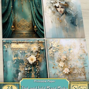 Teal and Gold Mixed Media Junk Journal Art Kit, Digital Papers ...