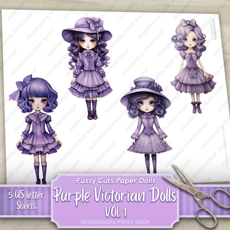 Purple Victorian Paper Dolls Kit | Dolls Journaling | Fussy Cut ...
