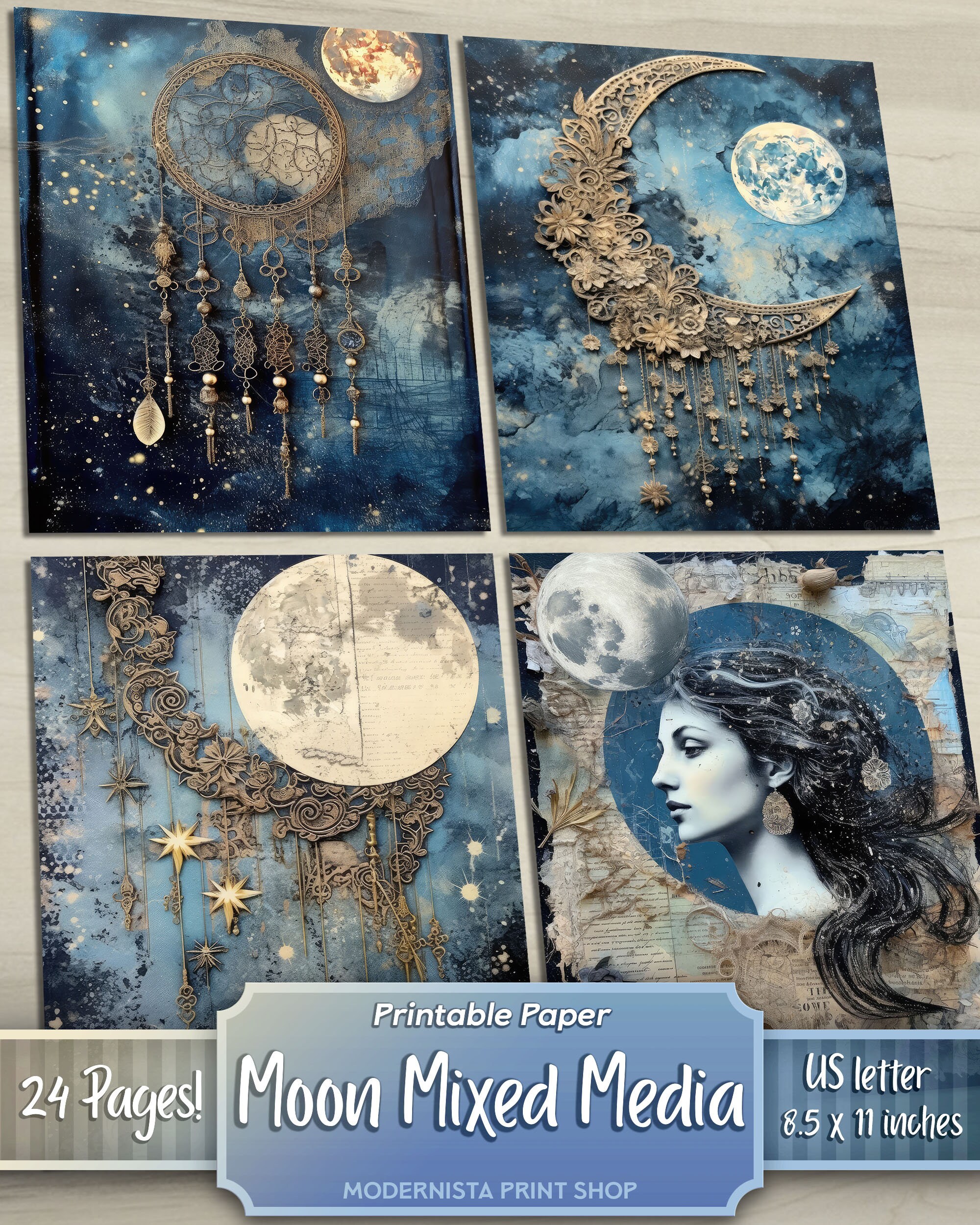 Mixed Media Moon Junk Journal Kit, Digital Papers, Moon Printable ...
