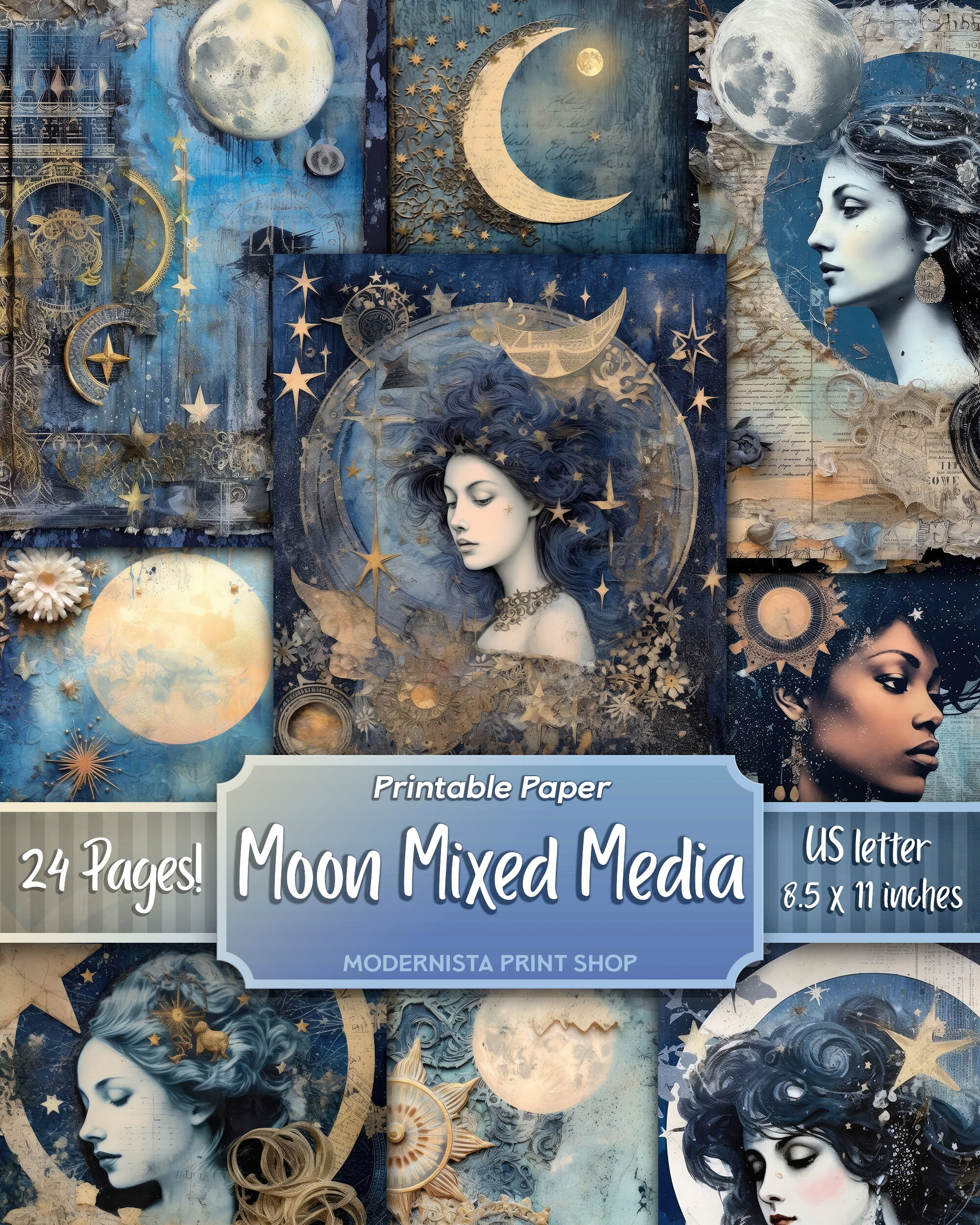 Mixed Media Moon Junk Journal Kit, Digital Papers, Moon Printable ...