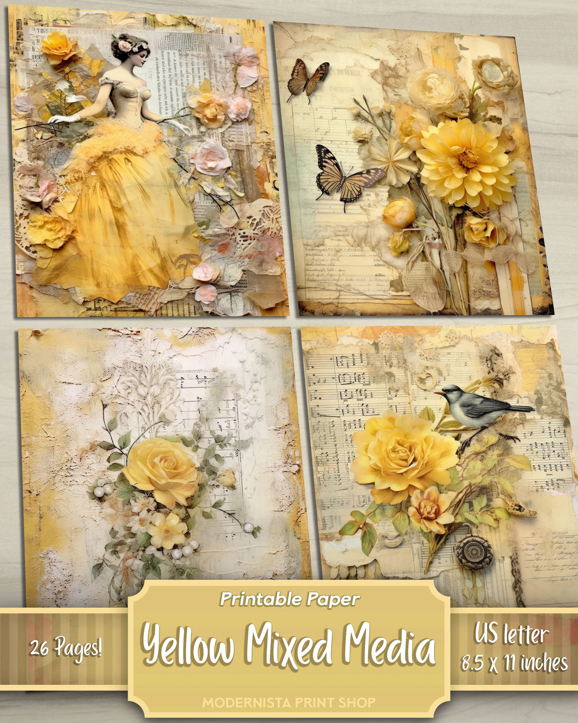 Mixed Media Yellow Junk Journal Kit Digital Papers Yellow - Etsy