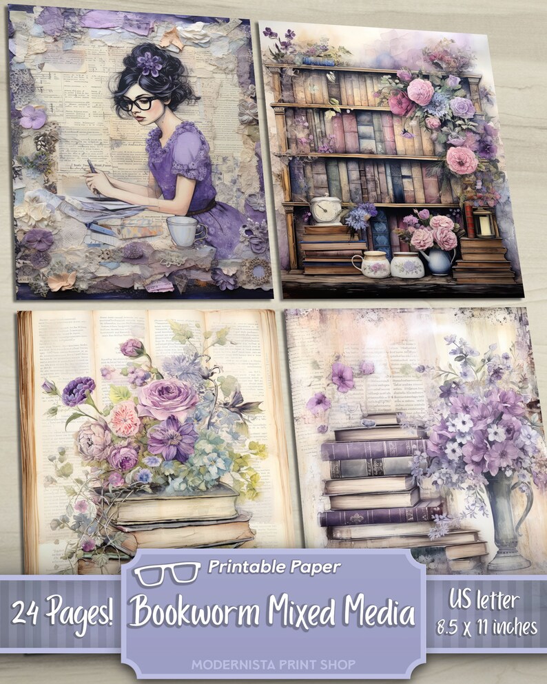 Bookworm Mixed Media Junk Journal Art Kit, Digital Papers, Purple ...