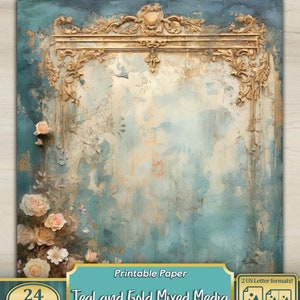 Teal and Gold Mixed Media Junk Journal Art Kit, Digital Papers ...
