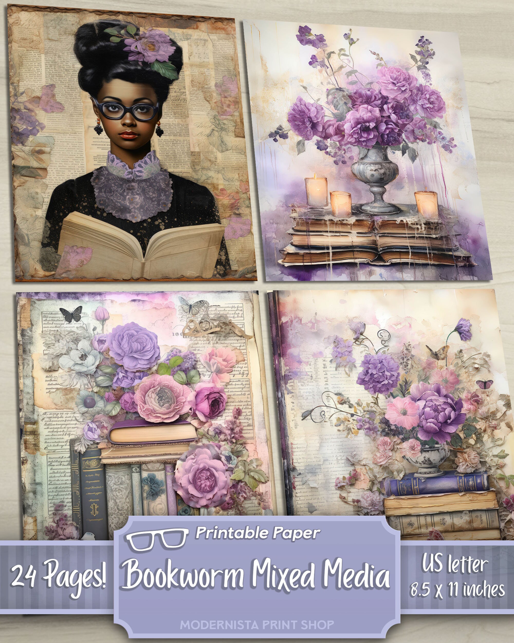 Bookworm Mixed Media Junk Journal Art Kit Digital Papers - Etsy