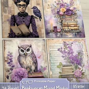 Bookworm Mixed Media Junk Journal Art Kit, Digital Papers, Purple ...