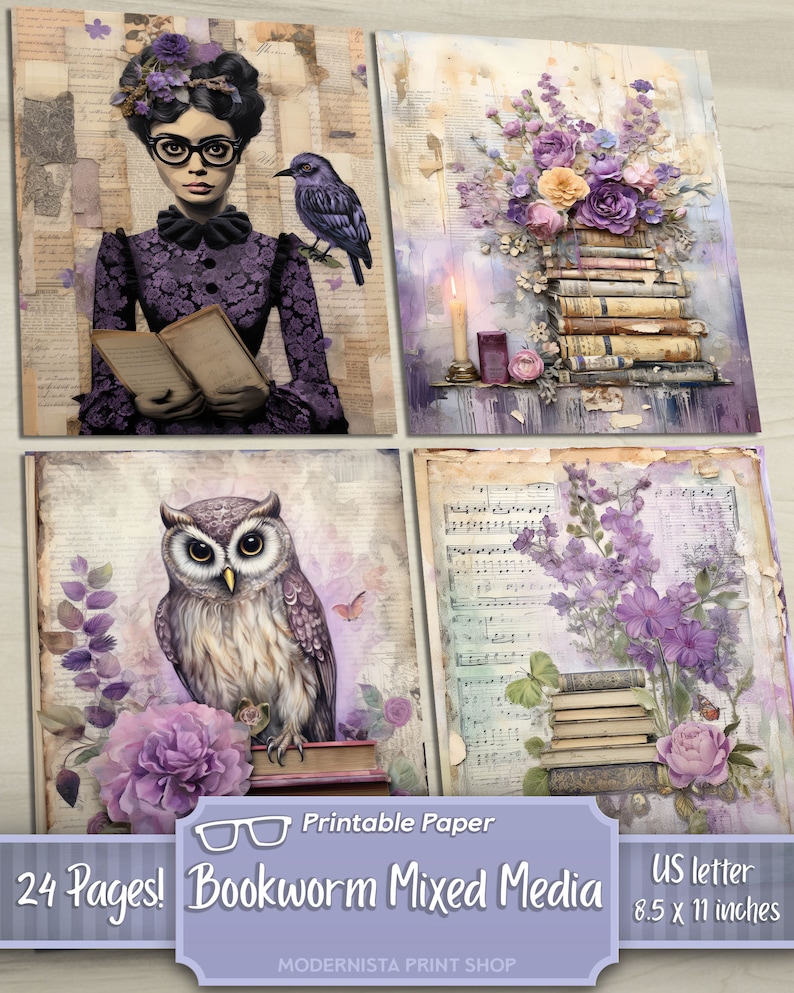 Bookworm Mixed Media Junk Journal Art Kit Digital Papers - Etsy