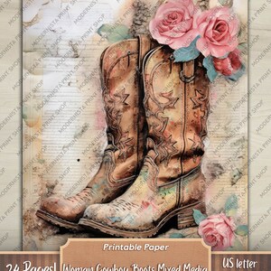 Woman Cowboy Boots Junk Journal Kit Mixed Media, Digital Papers ...