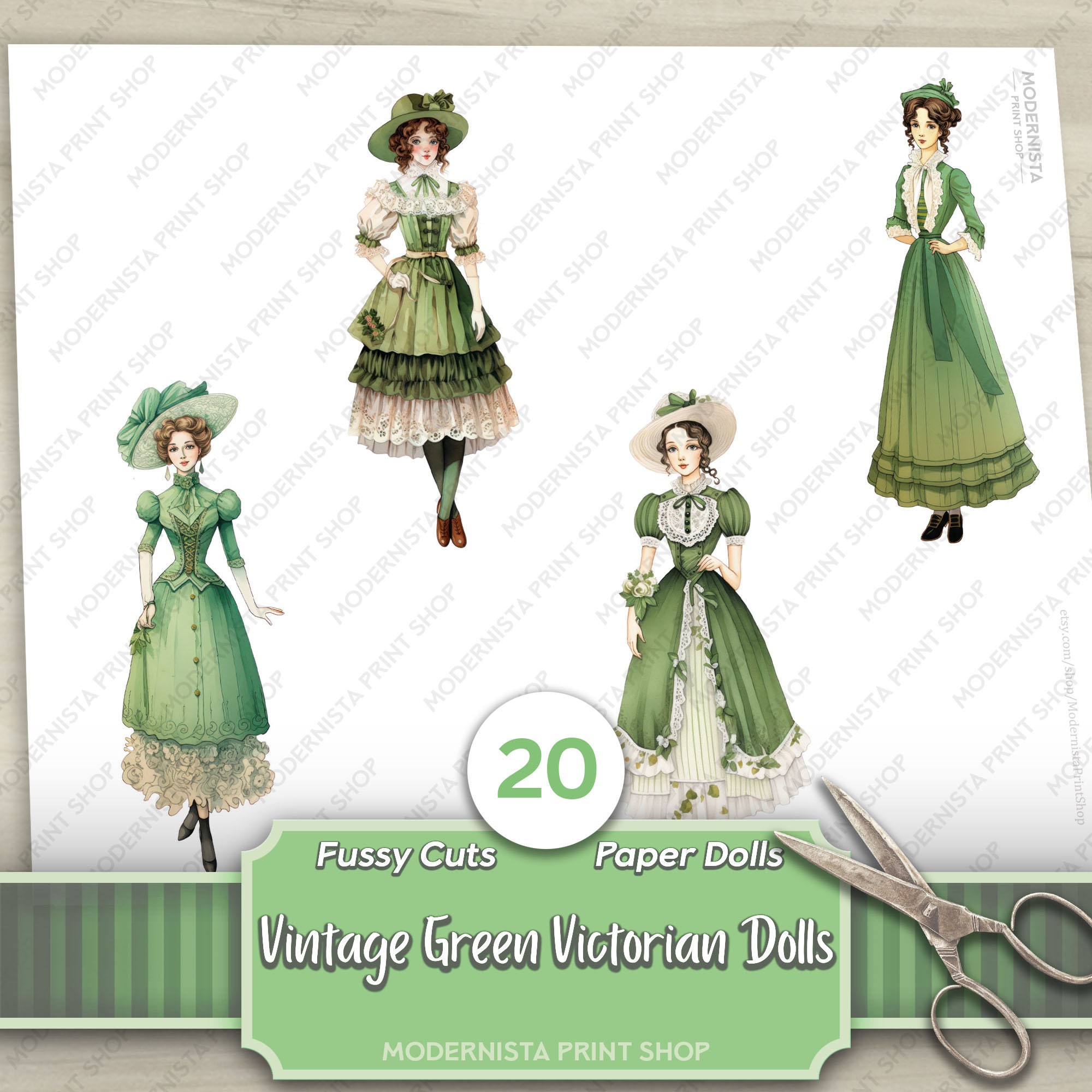 Green Victorian Vintage Paper Dolls Kit Dolls Journaling - Etsy