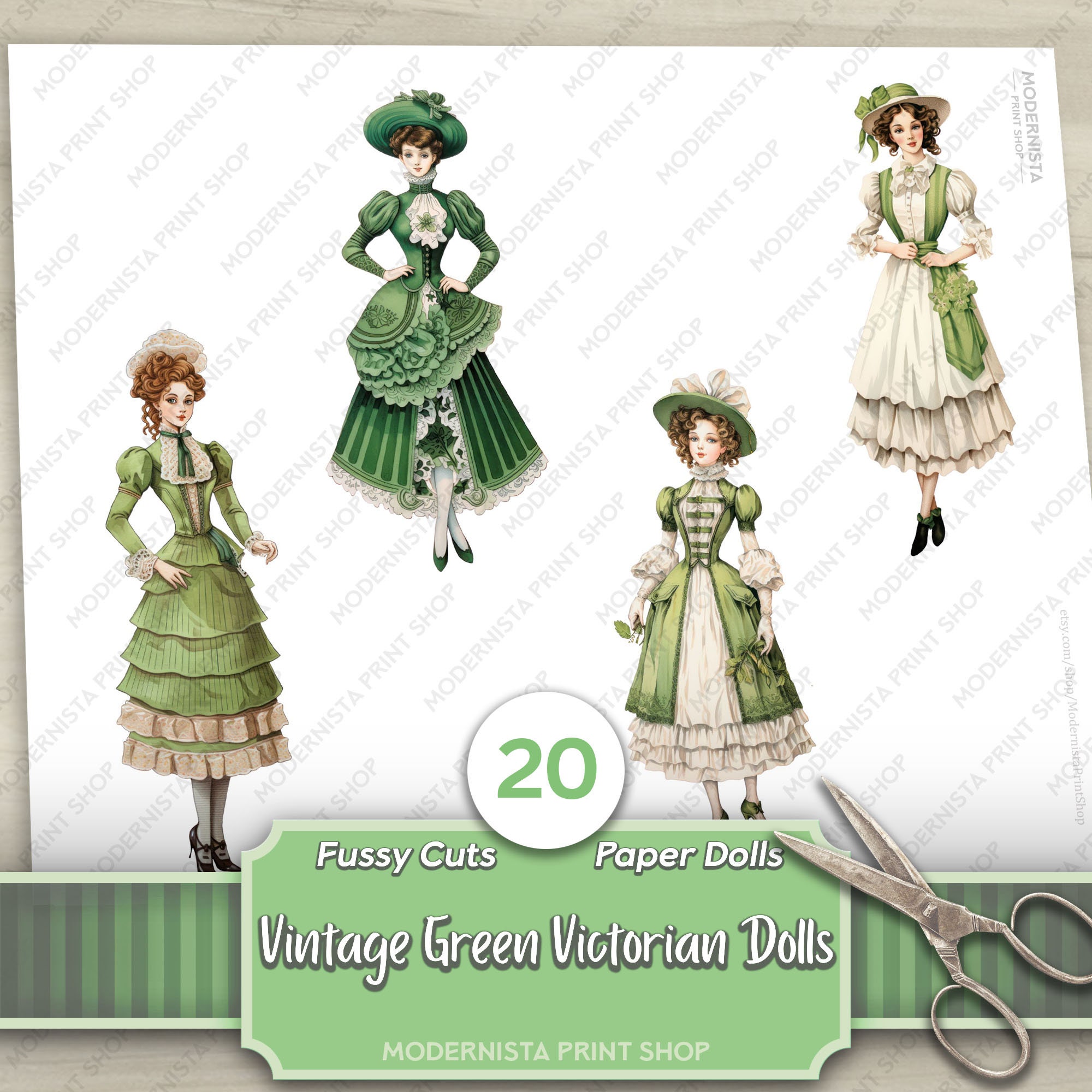 Green Victorian Vintage Paper Dolls Kit | Dolls Journaling | Fussy Cut ...