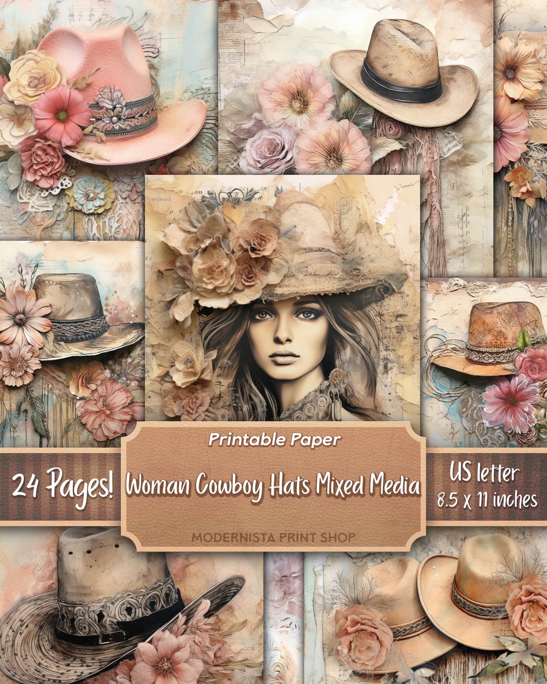 Woman Cowboy Hats Mixed Media Junk Journal Kit, Digital Papers ...