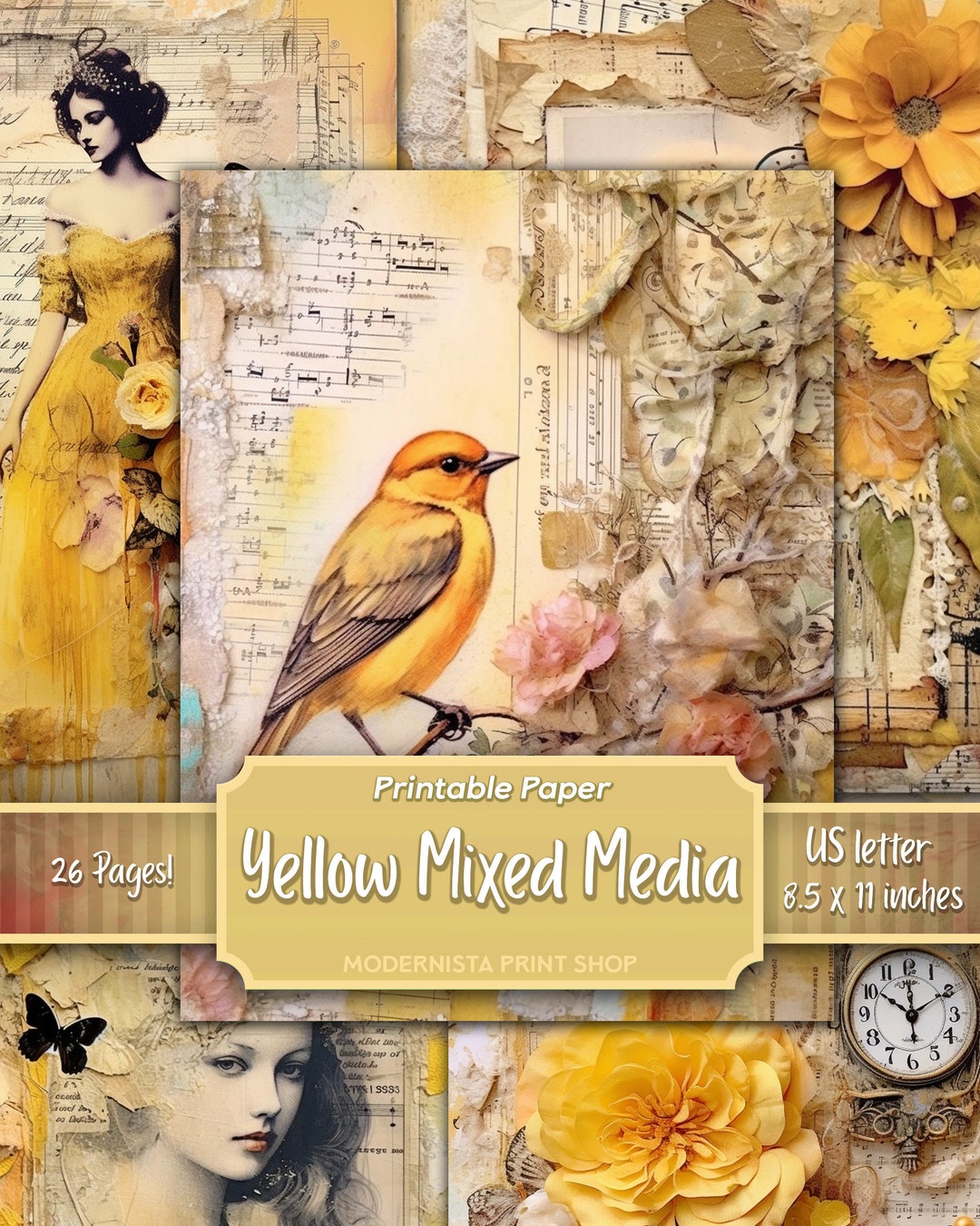 Mixed Media Yellow Junk Journal Kit, Digital Papers, Yellow Printable ...