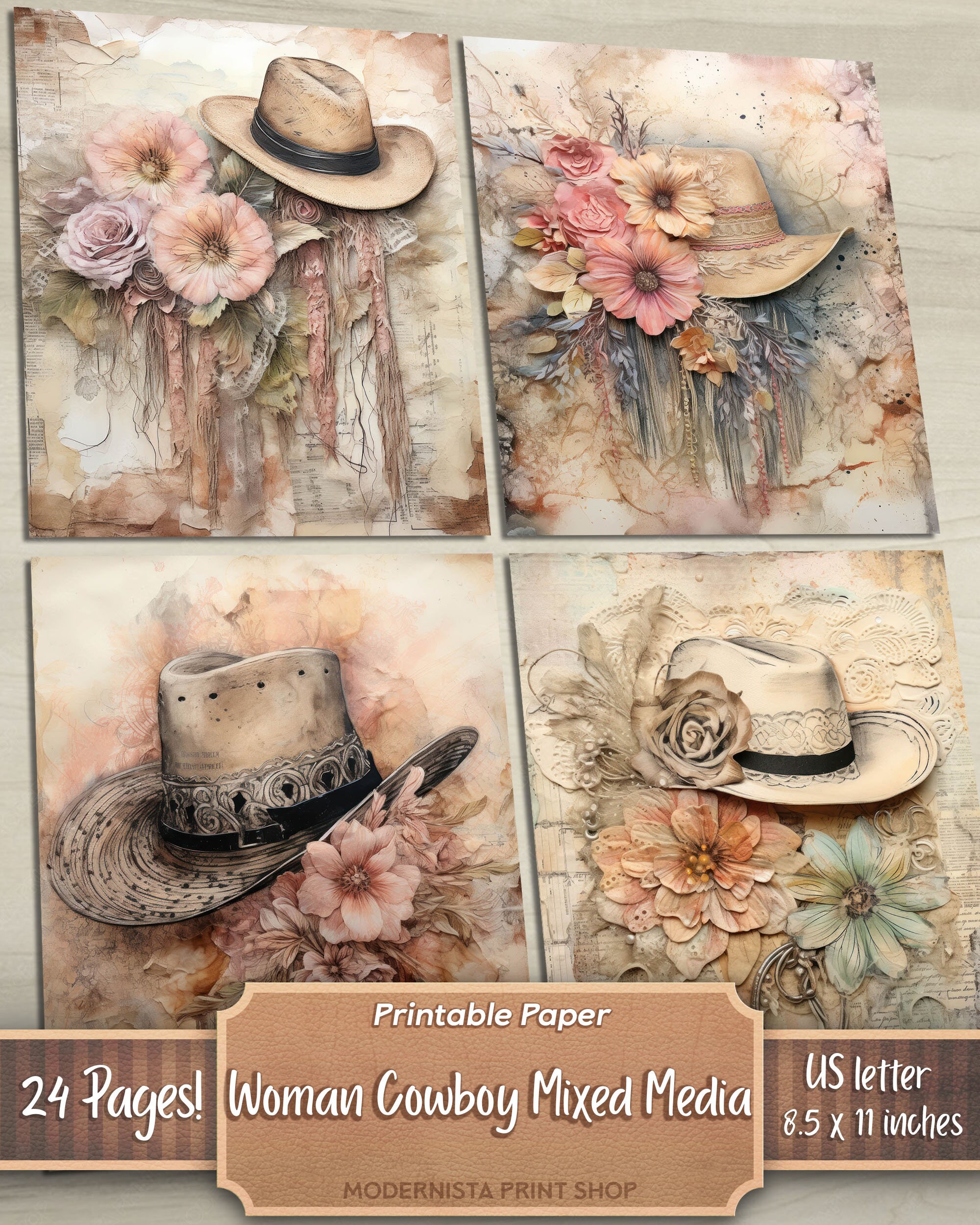 Woman Cowboy Hats Mixed Media Junk Journal Kit, Digital Papers ...