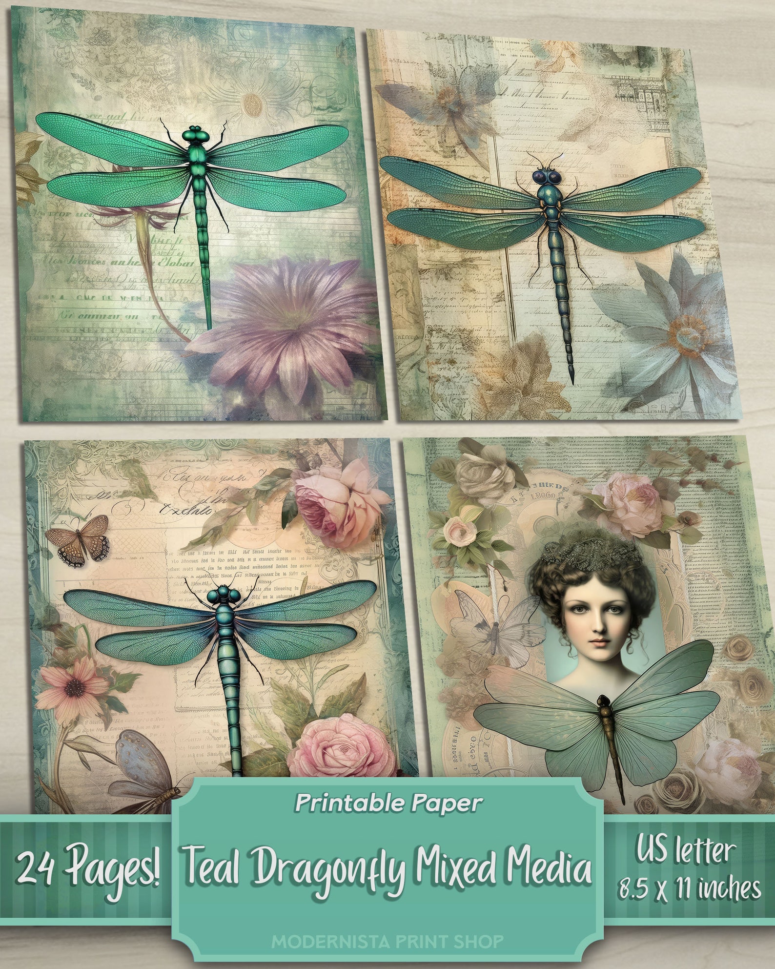 Teal Dragonfly Junk Journal Kit Mixed Media, Digital Papers, Teal ...