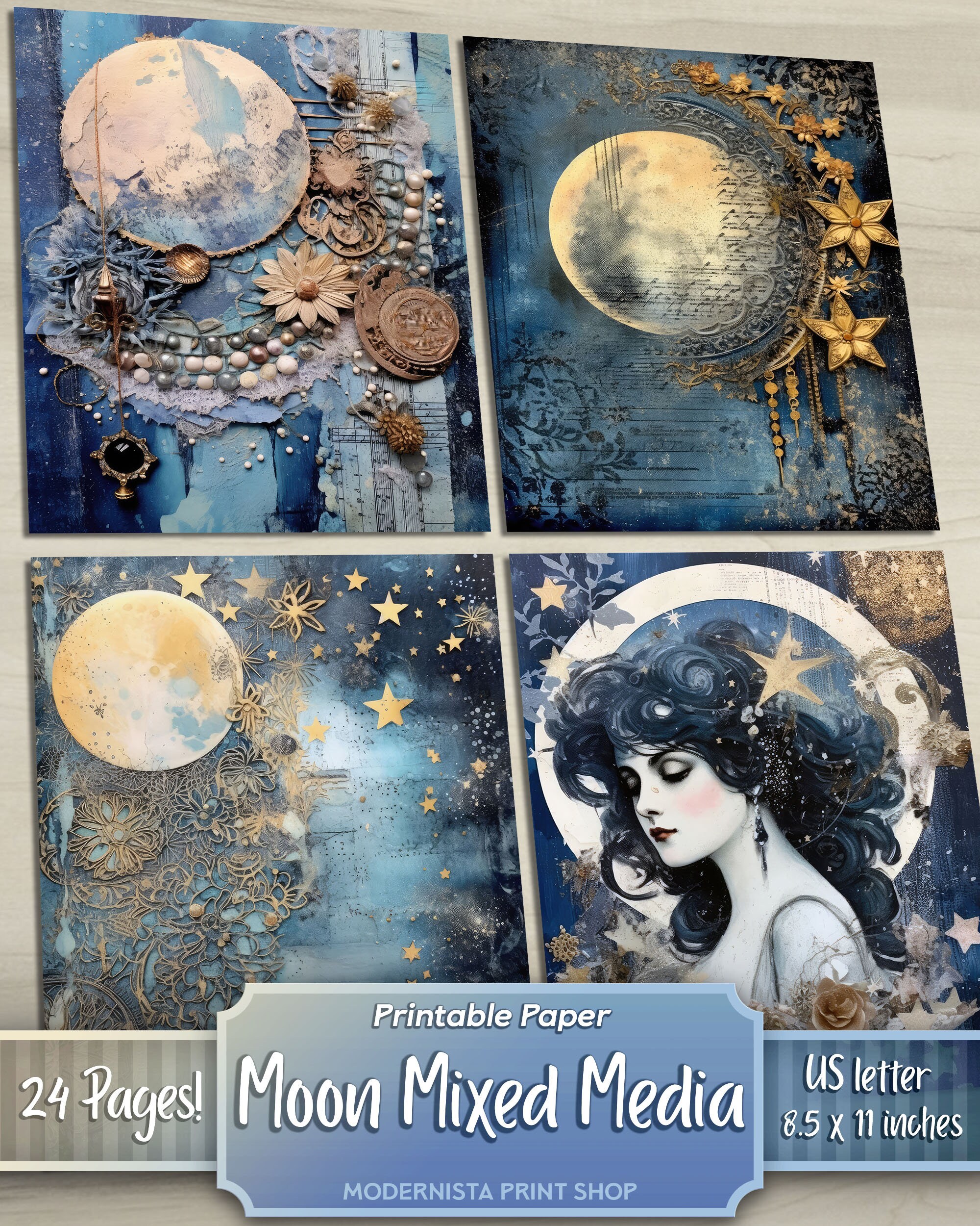 Mixed Media Moon Junk Journal Kit, Digital Papers, Moon Printable ...
