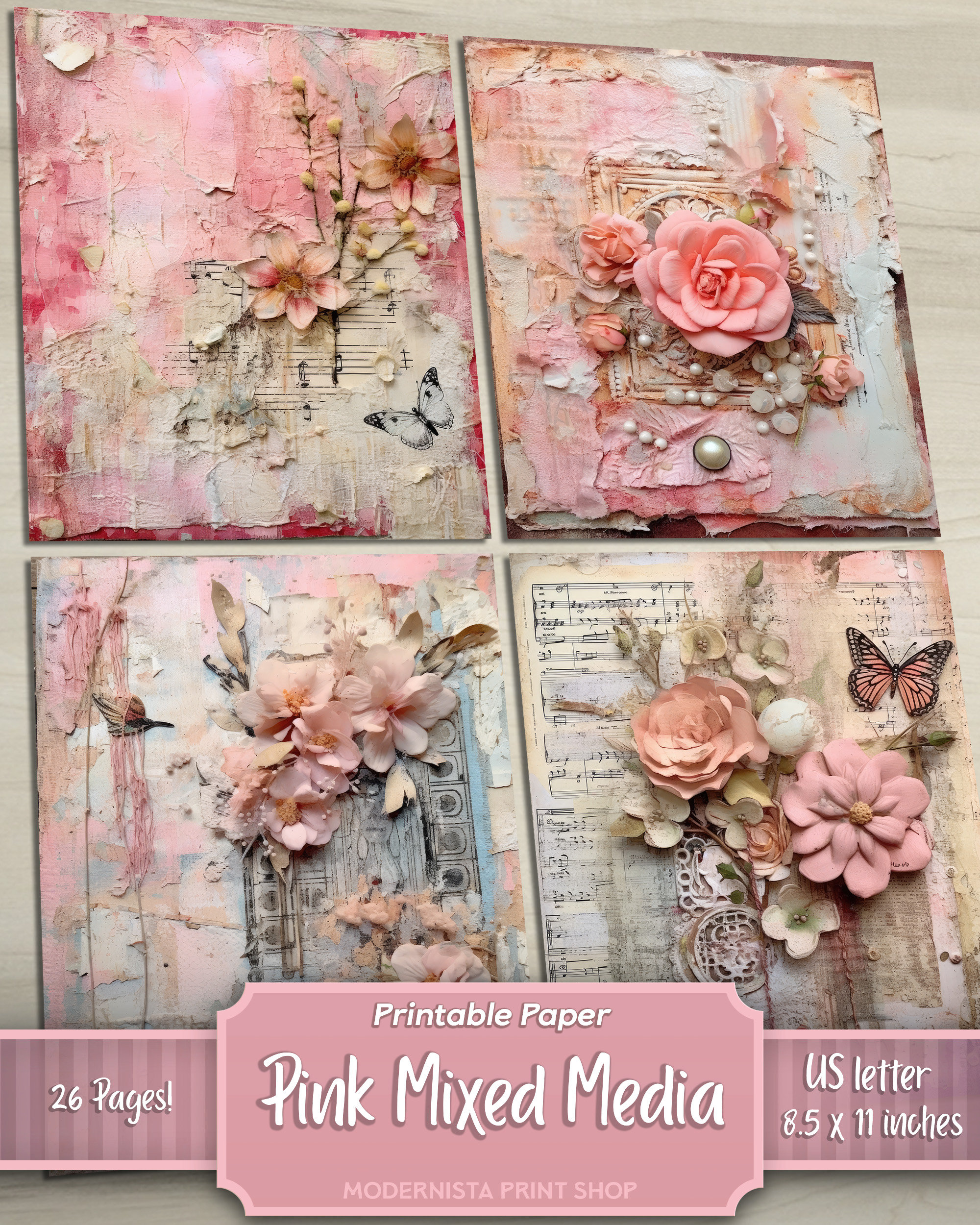 Pink Junk Journal Kit Mixed Media Digital Papers Pink - Etsy