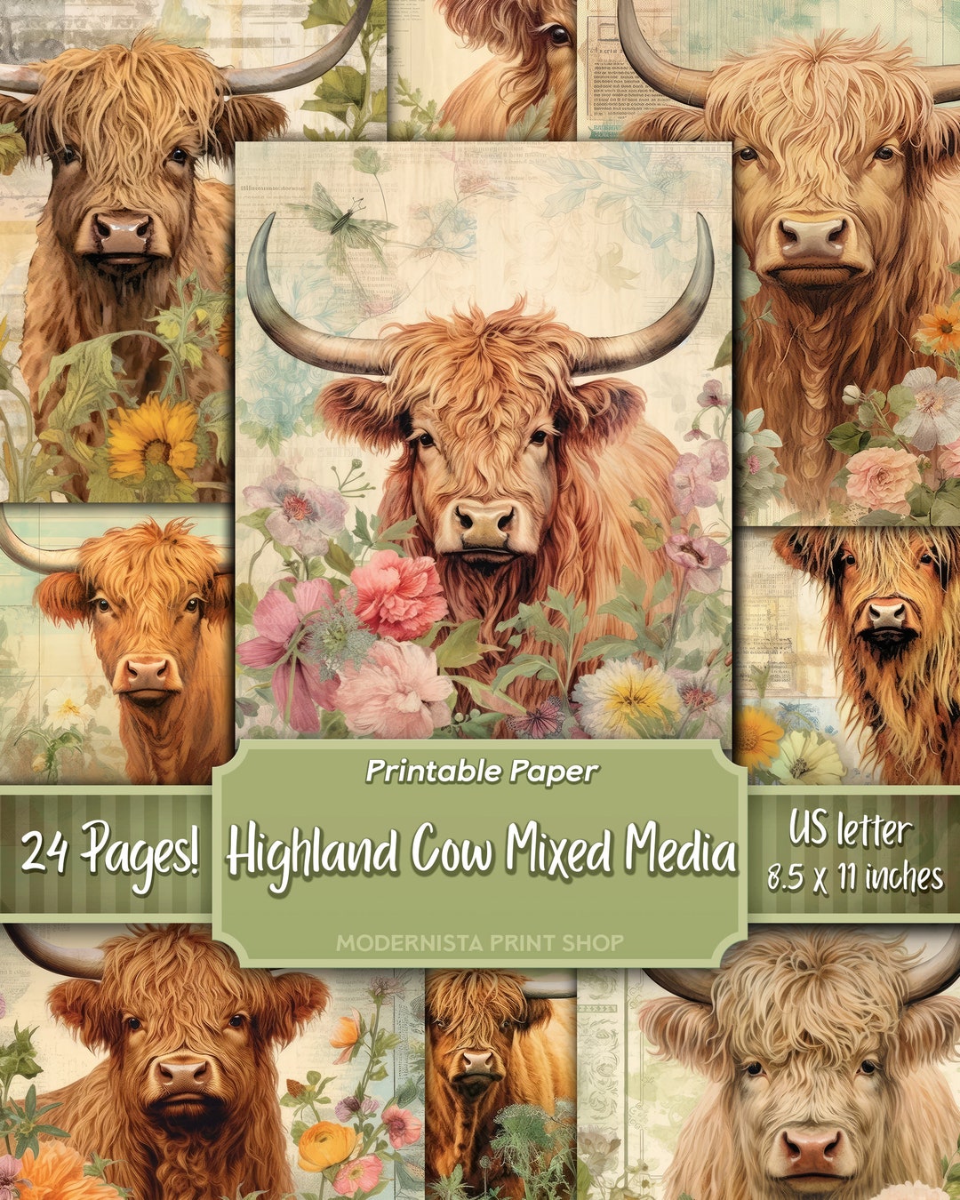 Highland Cow Junk Journal Kit Mixed Media, Digital Papers, Cow ...