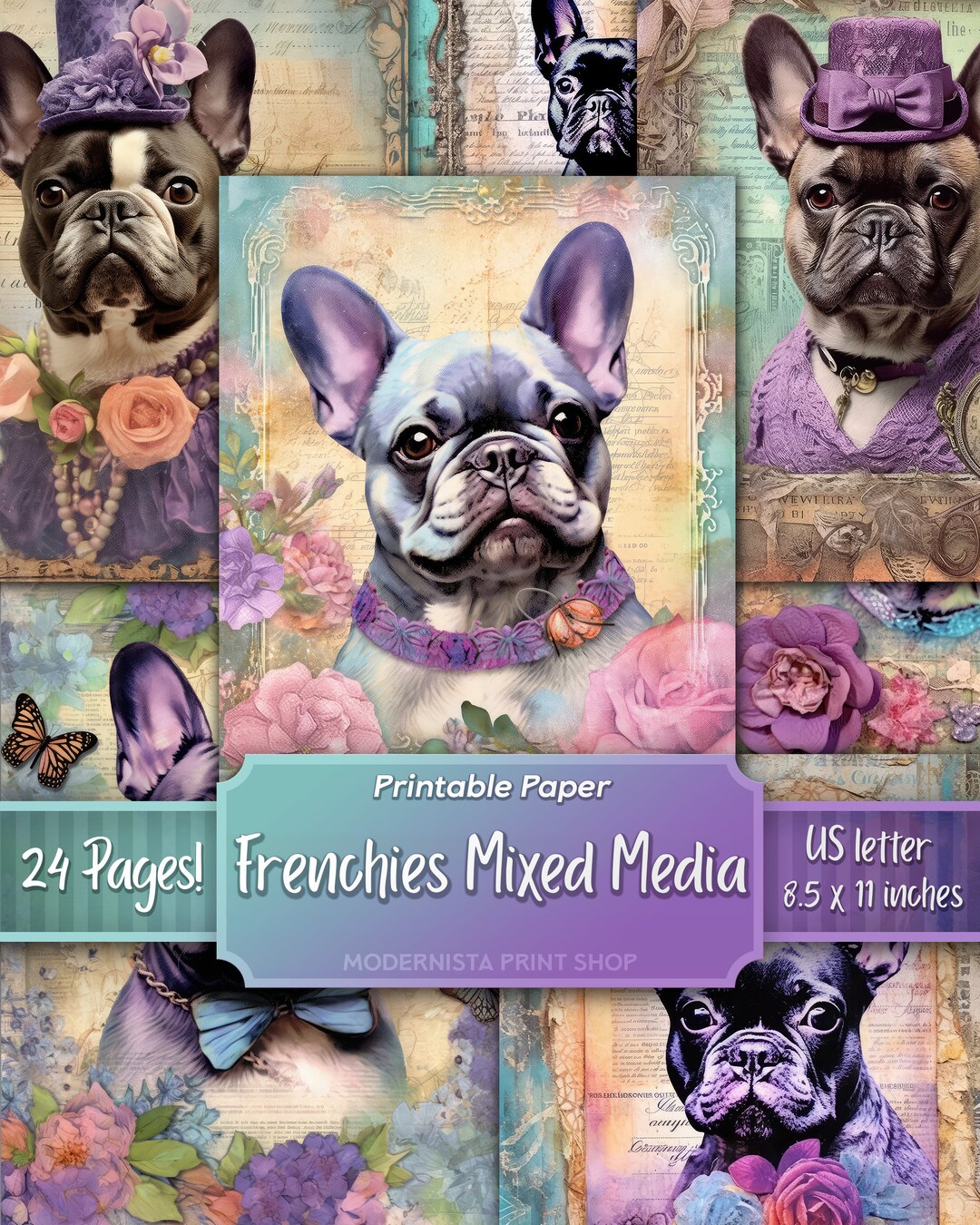 Mixed Media French Bulldog Junk Journal Kit, Digital Papers, Purple ...