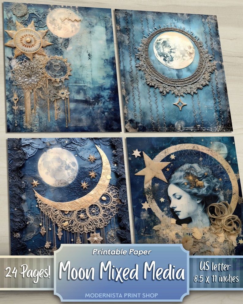 Mixed Media Moon Junk Journal Kit, Digital Papers, Moon Printable ...
