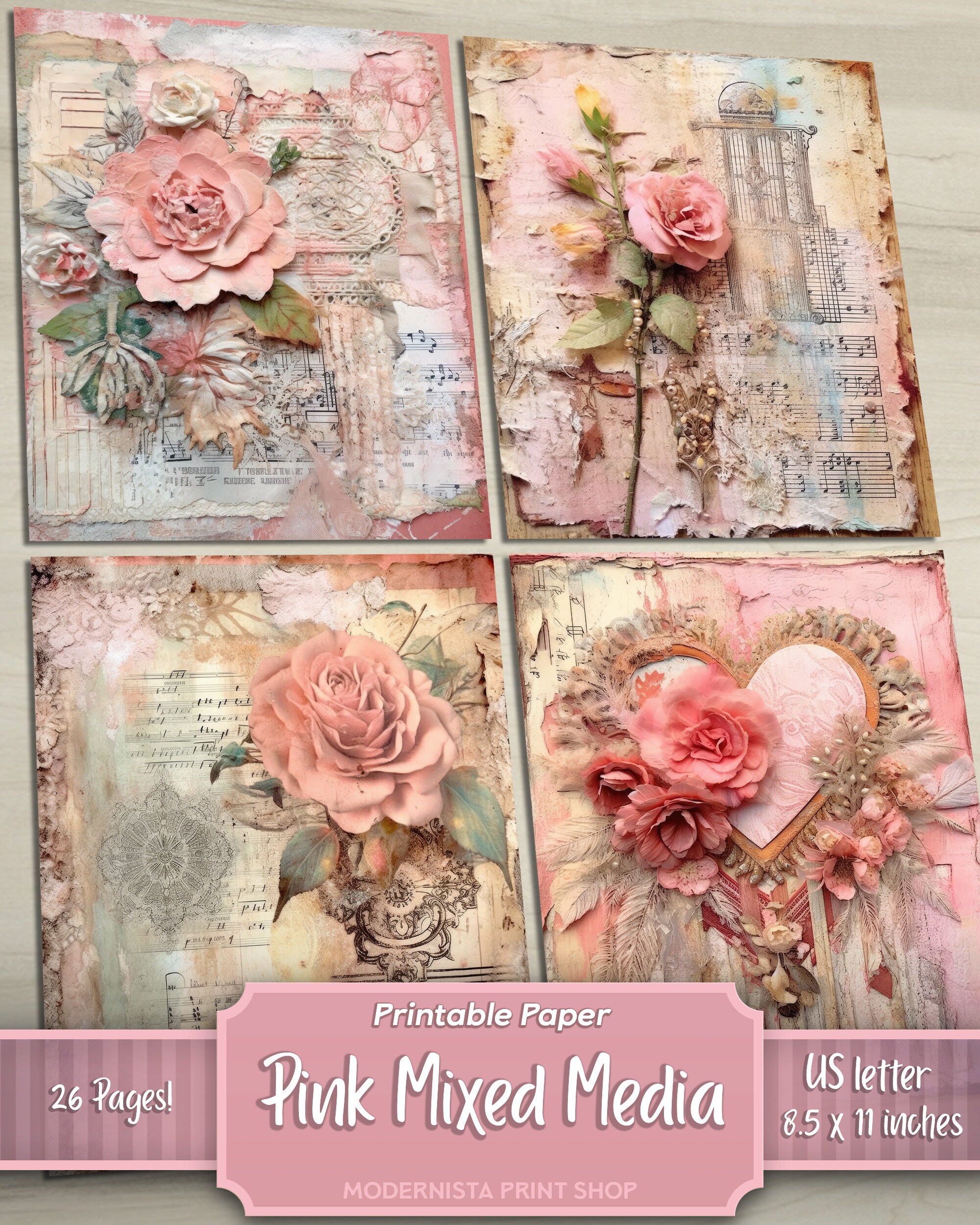 Pink Junk Journal Kit Mixed Media Digital Papers Pink - Etsy