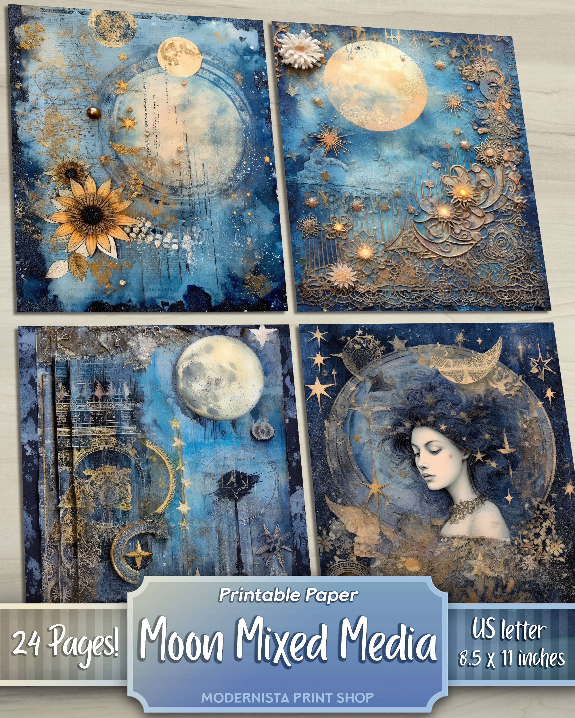 Mixed Media Moon Junk Journal Kit Digital Papers Moon - Etsy