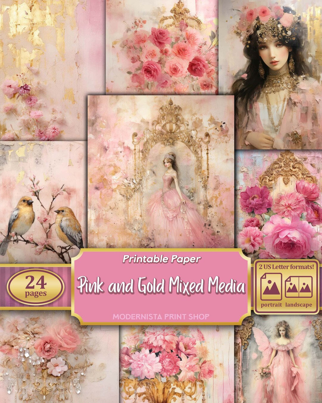 Pink and Gold Mixed Media Junk Journal Art Kit, Digital Papers ...