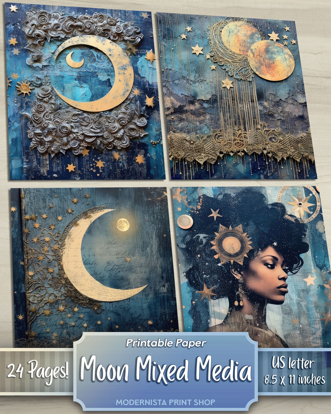 Mixed Media Moon Junk Journal Kit, Digital Papers, Moon Printable ...