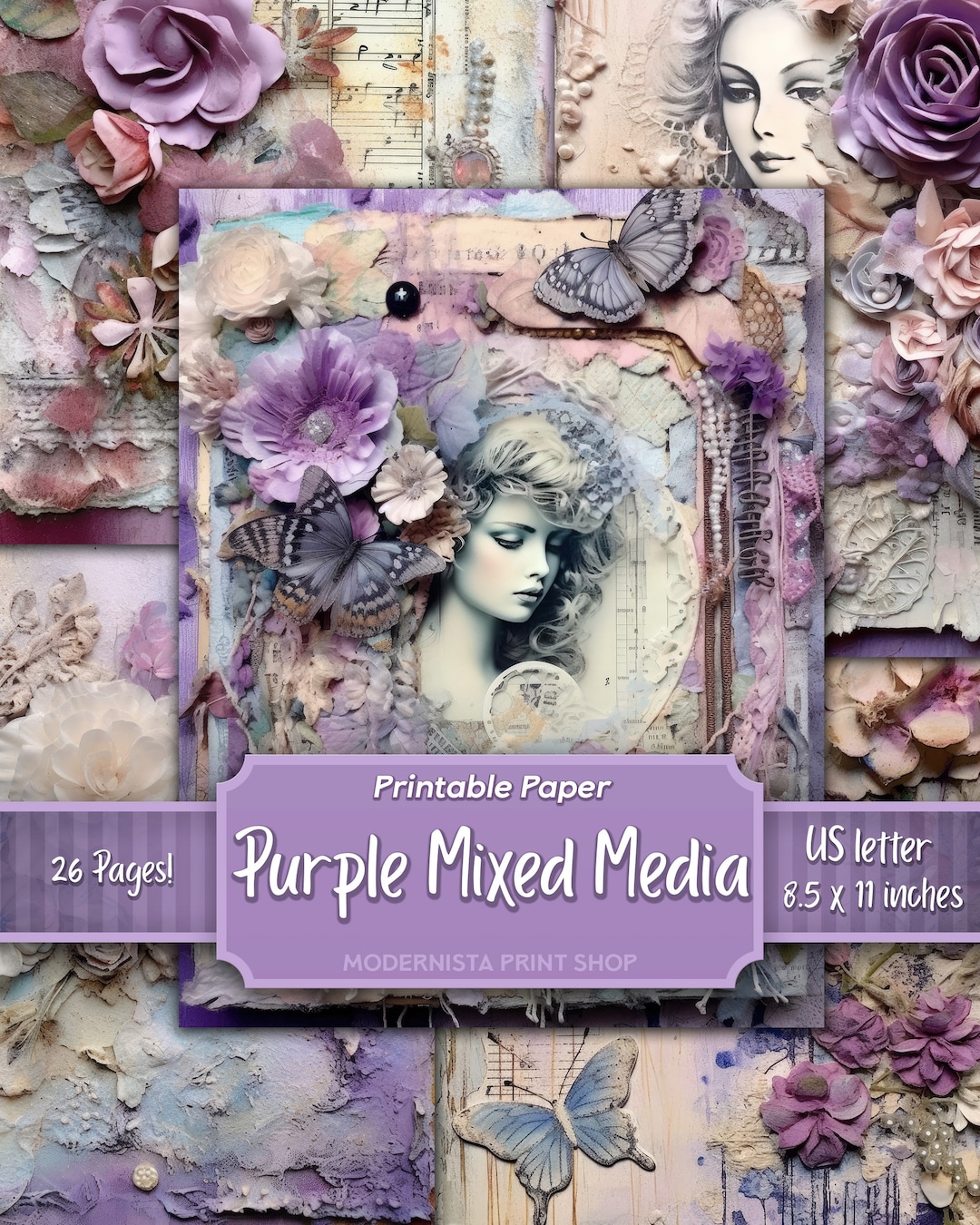 Mixed Media Purple Junk Journal Kit, Digital Papers, Purple Printable ...