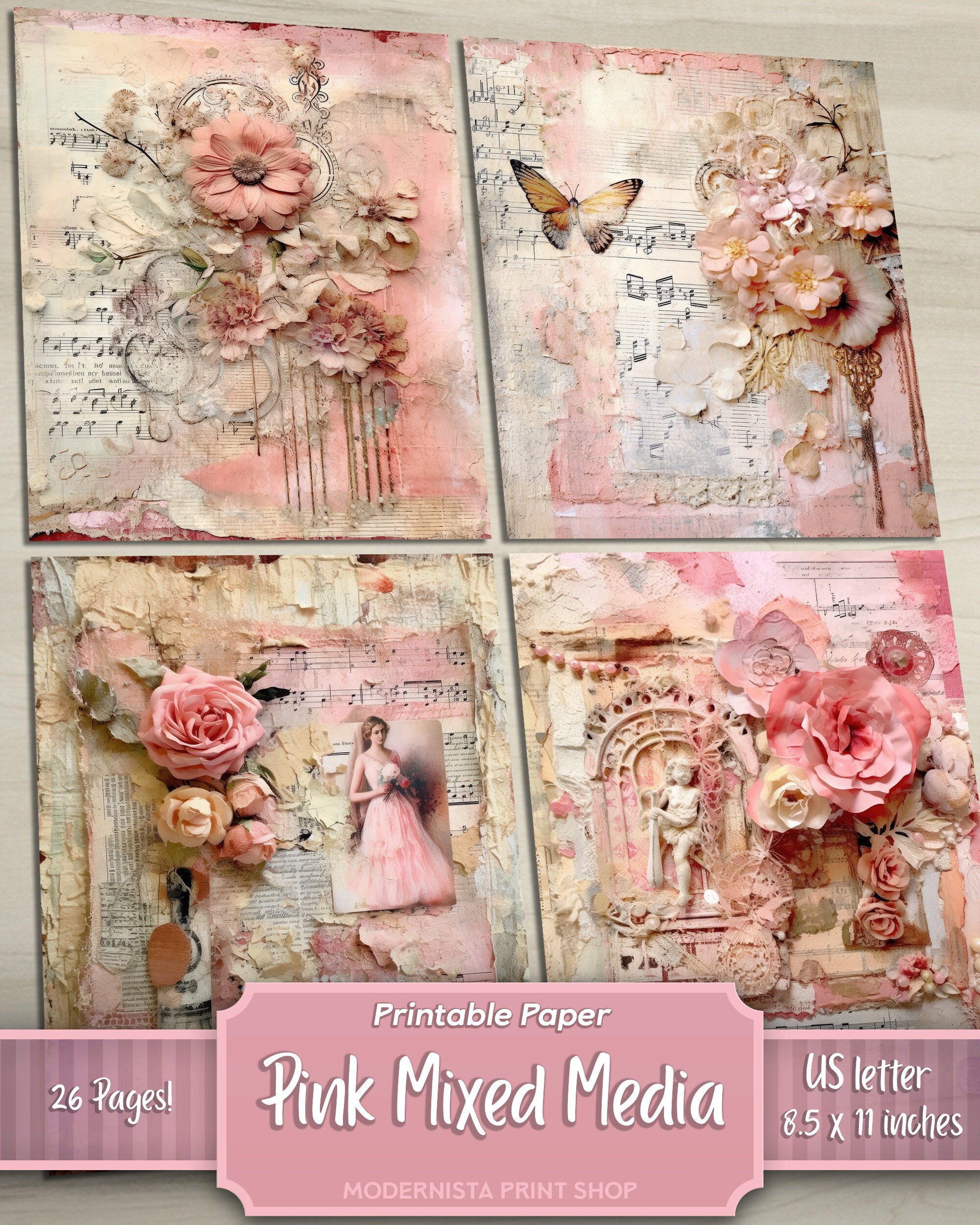 Pink Junk Journal Kit Mixed Media Digital Papers Pink - Etsy