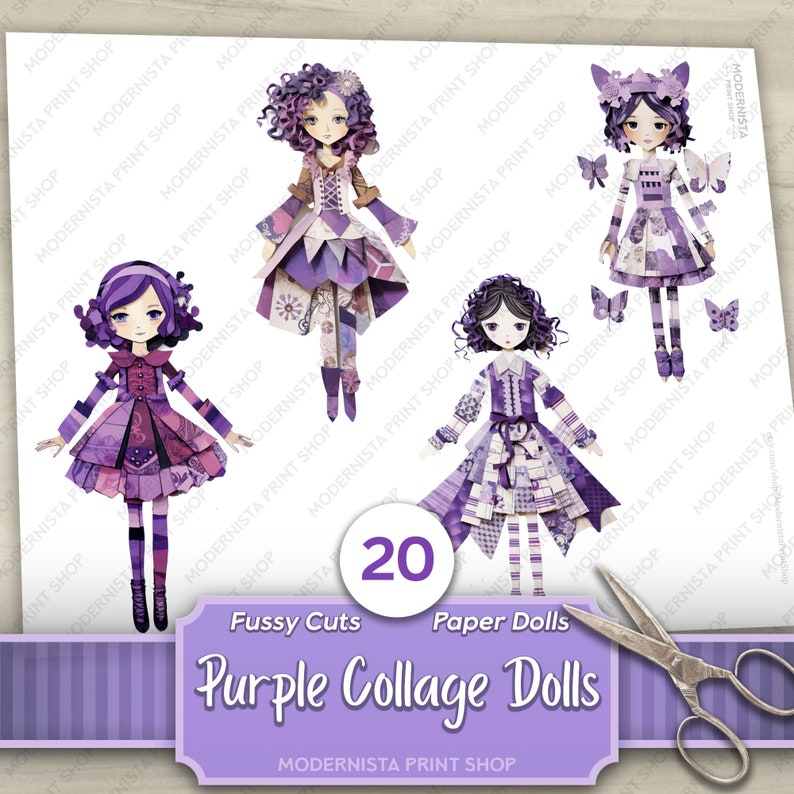 Purple Collage Dolls Art Paper Kit | Dolls Journaling | Fussy Cut ...
