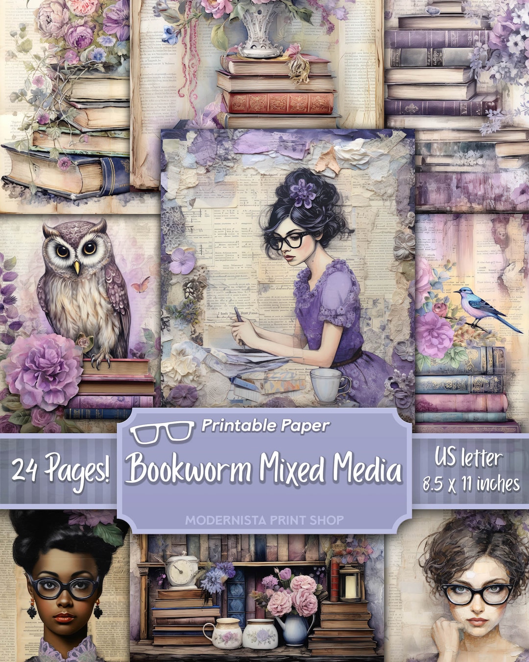 Bookworm Mixed Media Junk Journal Art Kit, Digital Papers, Purple ...