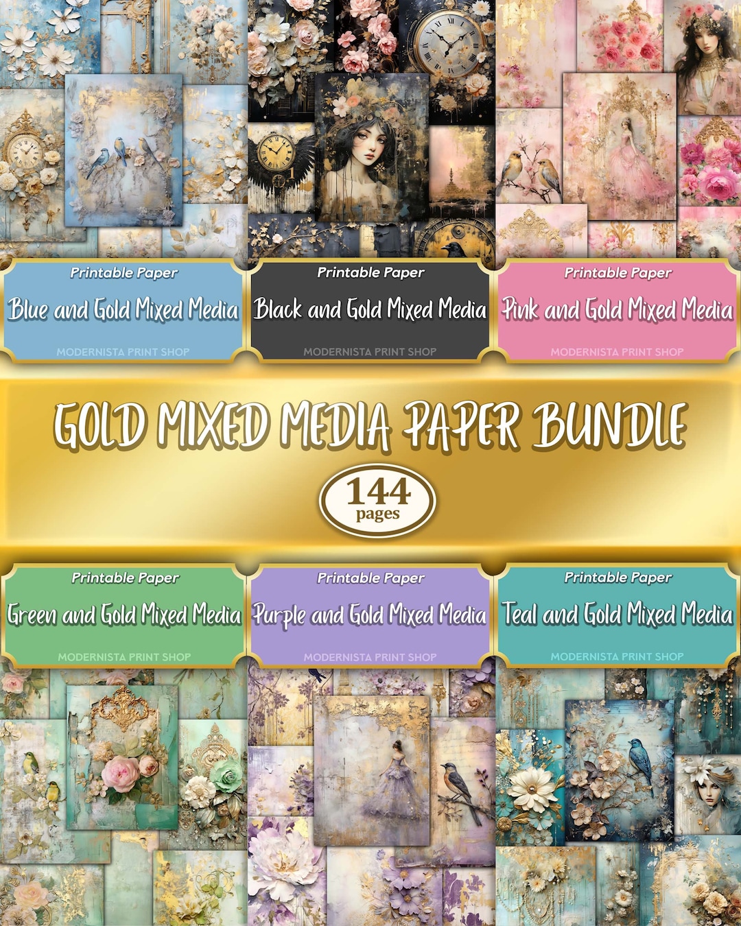 Gold Mixed Media Junk Journal Art Kit Bundle, Digital Papers, Printable ...