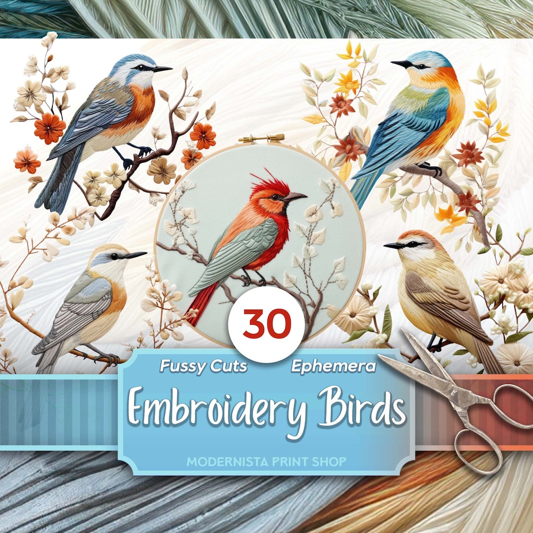 30 Embroidery Birds Fussy Cuts Ephemera Kit | Floral Journaling | Fussy ...