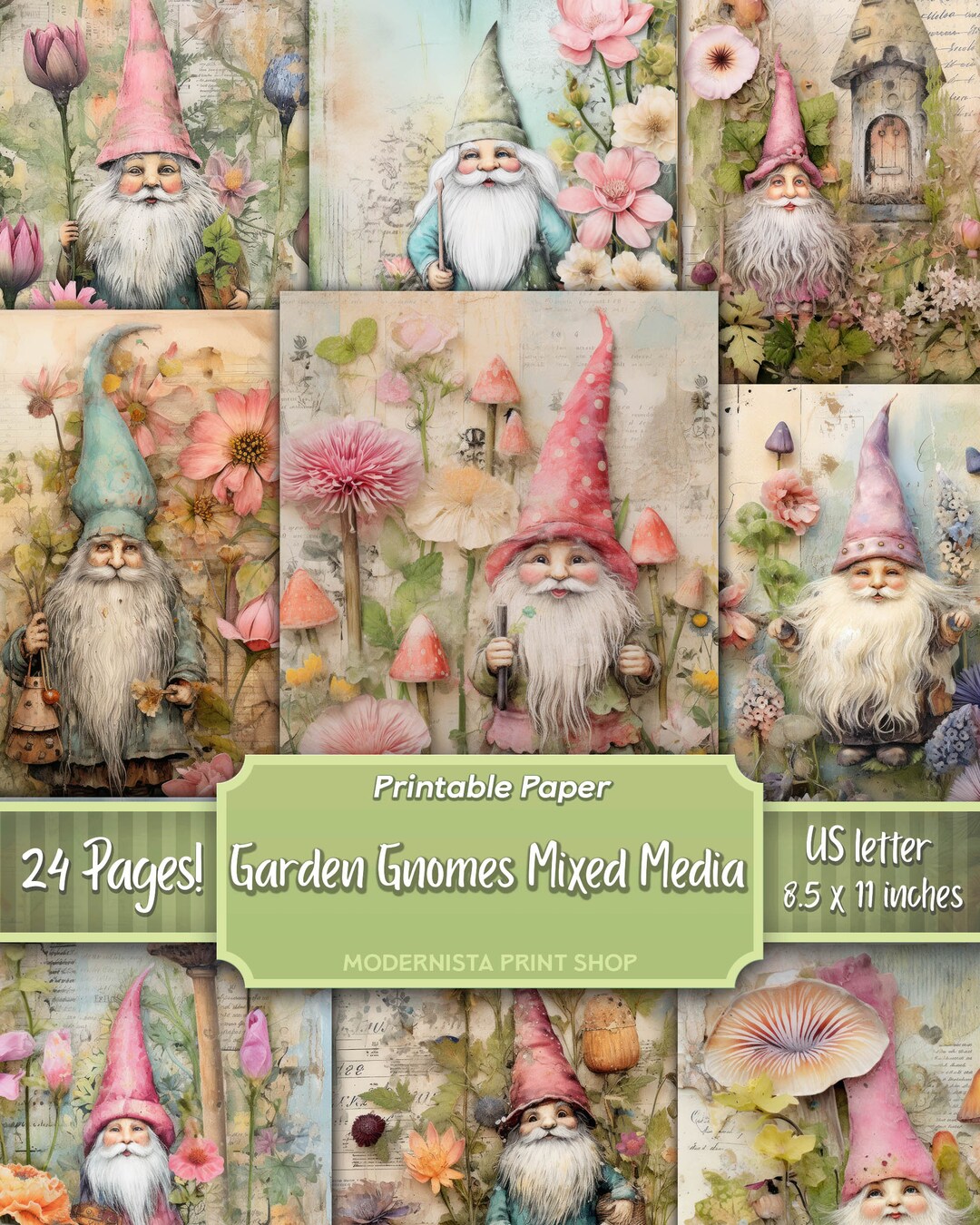 Garden Gnomes Mixed Media Junk Journal Kit, Digital Papers, Gnome ...