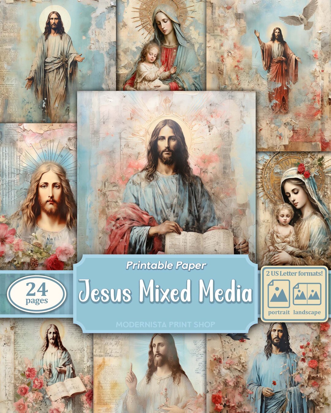 Jesus Mixed Media Junk Journal Kit, Digital Papers, Christian Printable ...
