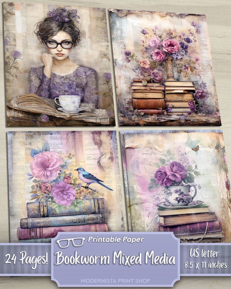 Bookworm Mixed Media Junk Journal Art Kit Digital Papers - Etsy