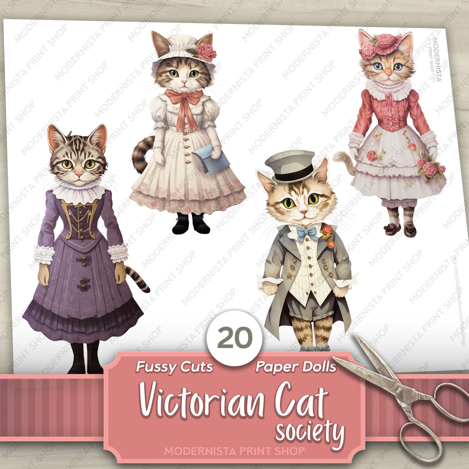 Victorian Cat Paper Dolls Kit | Dolls Journaling | Fussy Cut | Digital ...