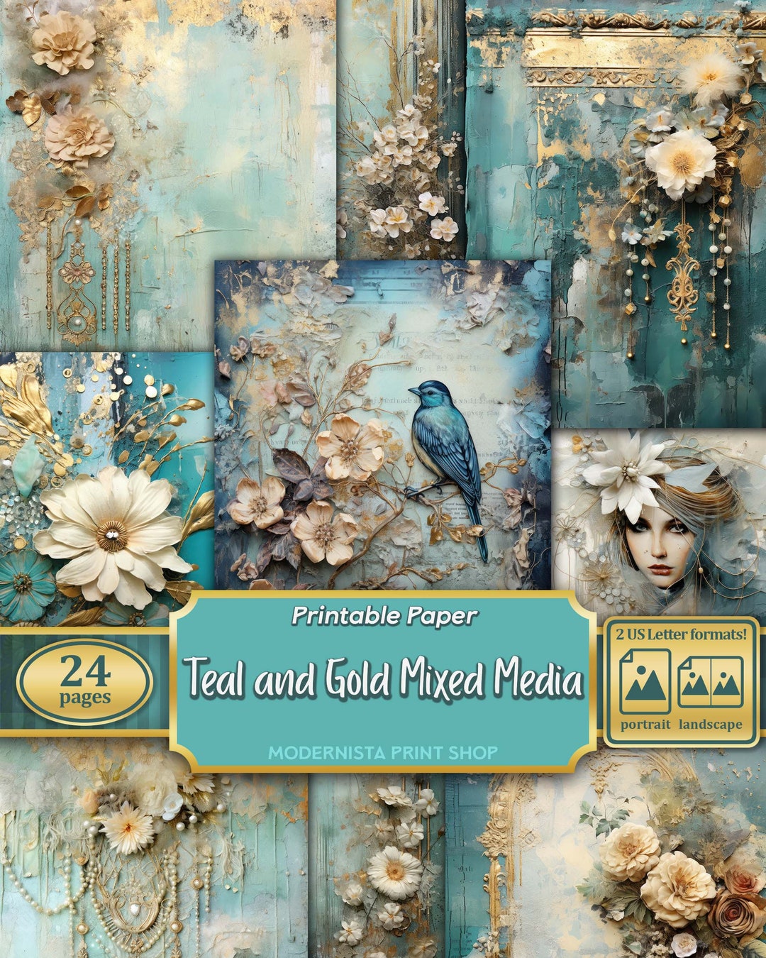 Teal and Gold Mixed Media Junk Journal Art Kit, Digital Papers ...