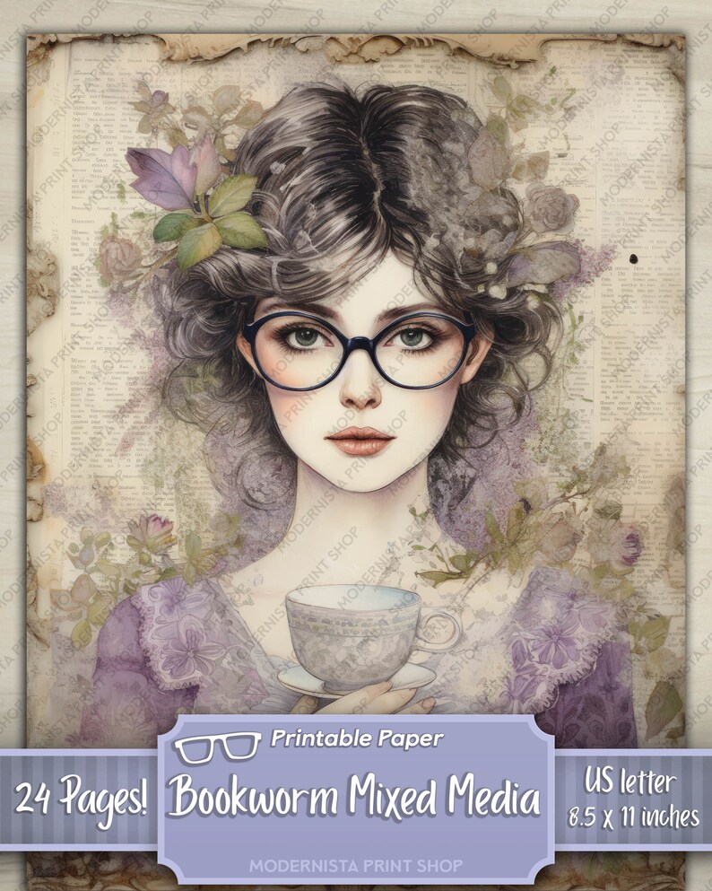 Bookworm Mixed Media Junk Journal Art Kit Digital Papers - Etsy