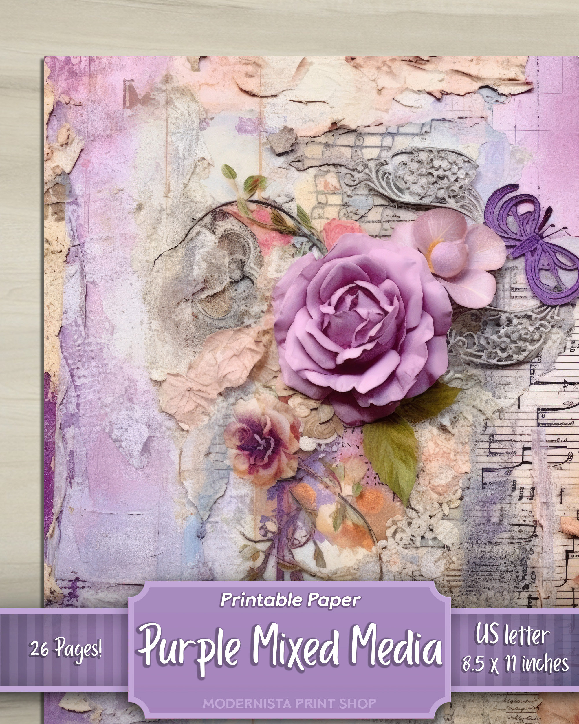 Mixed Media Purple Junk Journal Kit, Digital Papers, Purple Printable ...