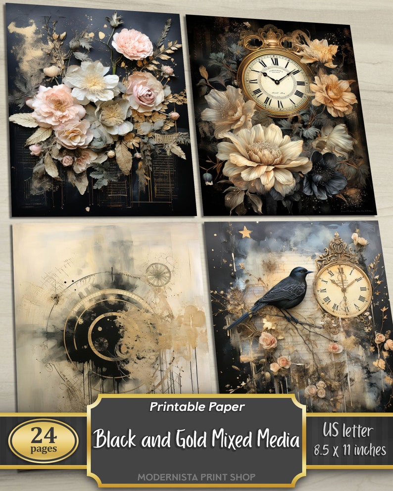 Black and Gold Mixed Media Junk Journal Art Kit, Digital Papers ...