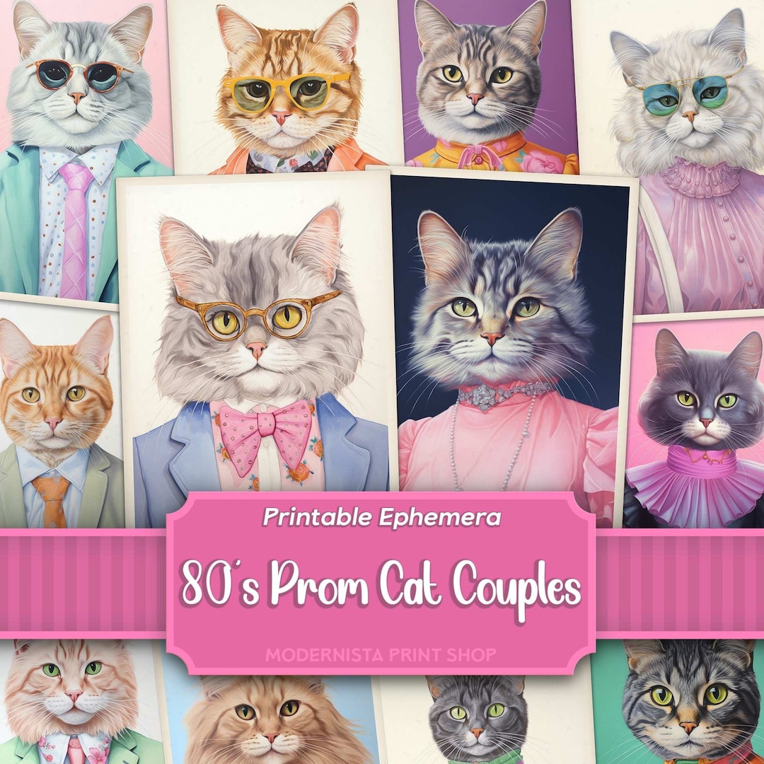 80s Prom Cat Couples Printable Ephemera, Digital Papers, Beige ...