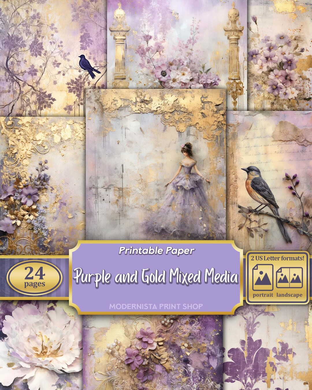 Purple and Gold Mixed Media Junk Journal Art Kit, Digital Papers ...