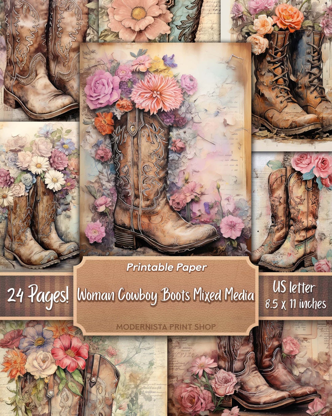 Woman Cowboy Boots Junk Journal Kit Mixed Media, Digital Papers ...