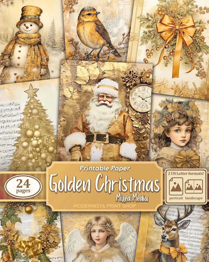 Golden Christmas Junk Journal Kit: Santa Ephemera, Printable Papers ...