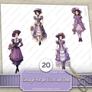Purple Victorian Vintage Paper Dolls Kit | Dolls Journaling | Fussy Cut ...